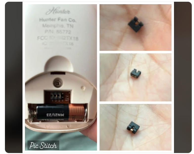 Ceiling fan remote missing electronic component. What is it? See photos ...